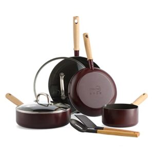 greenpan hudson healthy ceramic nonstick, 8 piece cookware pots and pans set, vintage wood inspired handle, pfas-free, dishwasher safe, merlot red