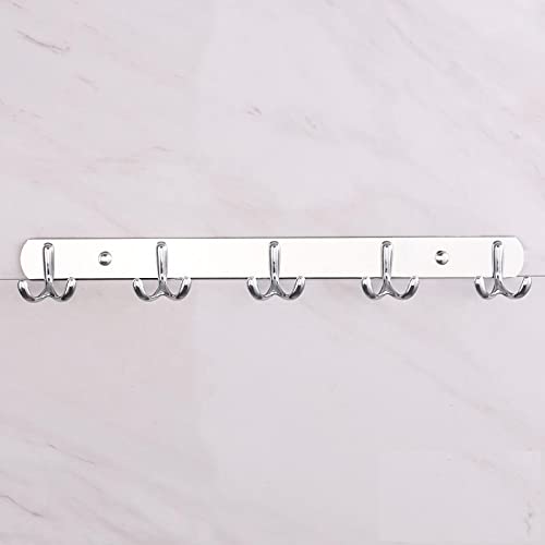 Juvielich Dual Prong Coat Hooks Wall Mounted Coat Hook with Adjustable Hooks for Hats Cloths Rack, Stainless Steel, 5 Hooks 450mm/17.72" Silver Colored Polished Finish,1 Pcs