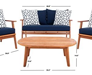 SAFAVIEH Outdoor Collection Deacon Acacia Wood Cushion 4-Piece Conversation Patio Set with Accent Pillows PAT7050E, Navy/Natural