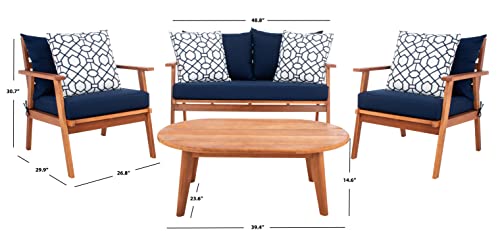 SAFAVIEH Outdoor Collection Deacon Acacia Wood Cushion 4-Piece Conversation Patio Set with Accent Pillows PAT7050E, Navy/Natural