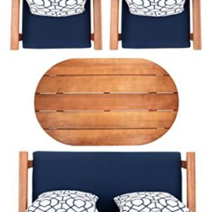 SAFAVIEH Outdoor Collection Deacon Acacia Wood Cushion 4-Piece Conversation Patio Set with Accent Pillows PAT7050E, Navy/Natural