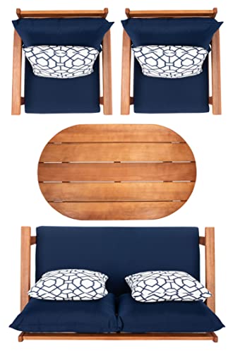 SAFAVIEH Outdoor Collection Deacon Acacia Wood Cushion 4-Piece Conversation Patio Set with Accent Pillows PAT7050E, Navy/Natural