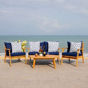 safavieh outdoor collection deacon acacia wood cushion 4-piece conversation patio set with accent pillows pat7050e, navy/natural