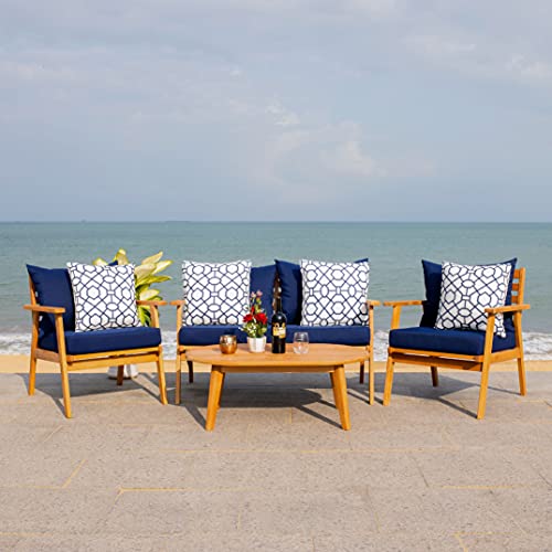 SAFAVIEH Outdoor Collection Deacon Acacia Wood Cushion 4-Piece Conversation Patio Set with Accent Pillows PAT7050E, Navy/Natural