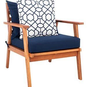 SAFAVIEH Outdoor Collection Deacon Acacia Wood Cushion 4-Piece Conversation Patio Set with Accent Pillows PAT7050E, Navy/Natural