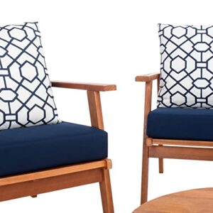 SAFAVIEH Outdoor Collection Deacon Acacia Wood Cushion 4-Piece Conversation Patio Set with Accent Pillows PAT7050E, Navy/Natural