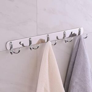 Juvielich Dual Prong Coat Hooks Wall Mounted Coat Hook with Adjustable Hooks for Hats Cloths Rack, Stainless Steel, 5 Hooks 450mm/17.72" Silver Colored Polished Finish,1 Pcs