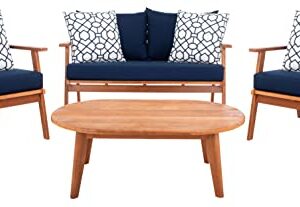 SAFAVIEH Outdoor Collection Deacon Acacia Wood Cushion 4-Piece Conversation Patio Set with Accent Pillows PAT7050E, Navy/Natural