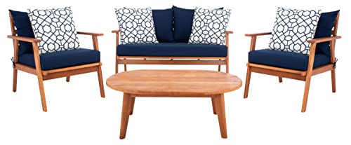 SAFAVIEH Outdoor Collection Deacon Acacia Wood Cushion 4-Piece Conversation Patio Set with Accent Pillows PAT7050E, Navy/Natural