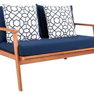 SAFAVIEH Outdoor Collection Deacon Acacia Wood Cushion 4-Piece Conversation Patio Set with Accent Pillows PAT7050E, Navy/Natural