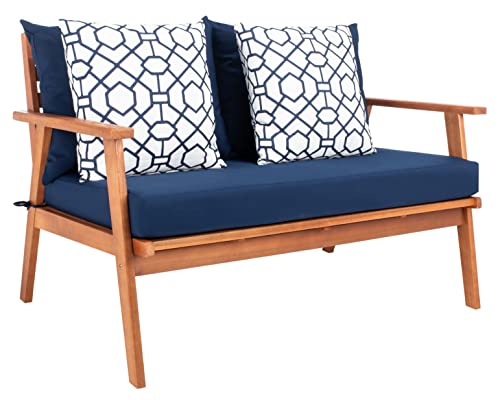 SAFAVIEH Outdoor Collection Deacon Acacia Wood Cushion 4-Piece Conversation Patio Set with Accent Pillows PAT7050E, Navy/Natural