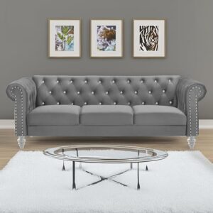 new classic furniture glam emma velvet three seater chesterfield style sofa for small spaces with crystal button tufts, gray