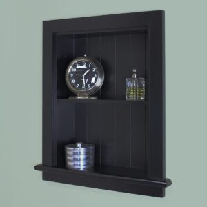 fox hollow furnishings 14x18 aiden recessed wall niche medicine cabinet replacement, in the wall bathroom cabinet insert shelf/shelves, made in north america, real wood, no mdf, beadboard, black