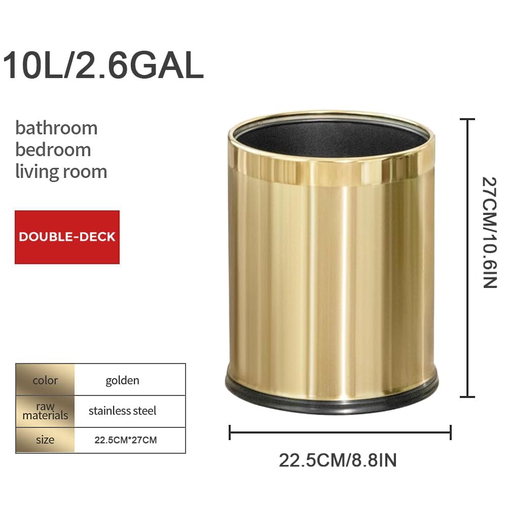 LEASYLIFE 2.6Gallon/10L，Brass Gold Bathroom Trash Can，Gold Bathroom Waste Baskets，Golden Small Garbage Can,Gold Waste Basket for Bedroom,Office，Store，Metal Trash bin Without lid (Gold)