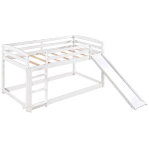 Low Bunk Beds Twin Over Twin Bunk Bed with Slide Wood Bed Frame for 2 Kids Toddlers Boys Girls Teens, White