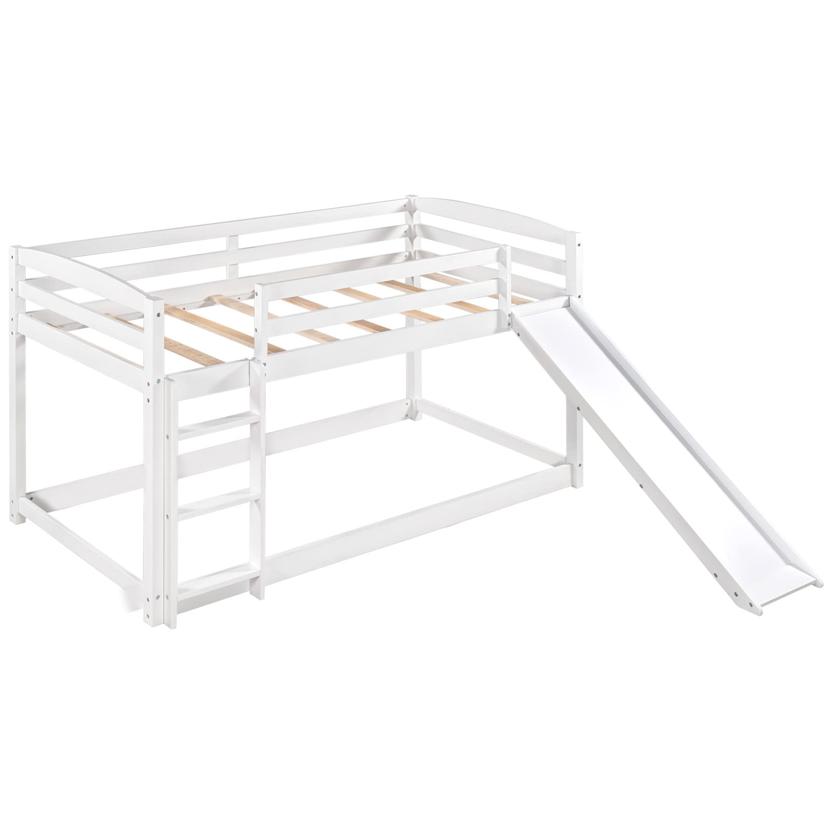 Low Bunk Beds Twin Over Twin Bunk Bed with Slide Wood Bed Frame for 2 Kids Toddlers Boys Girls Teens, White