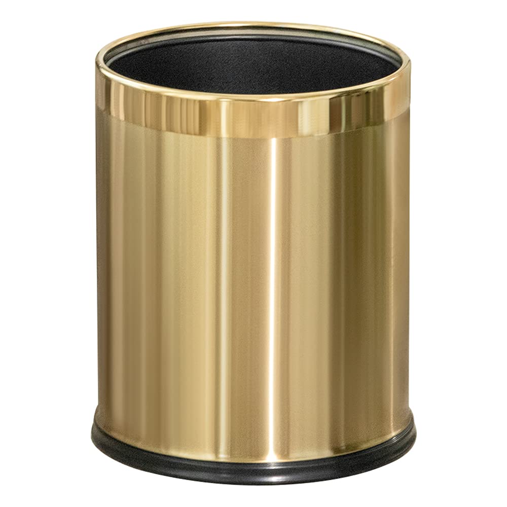 LEASYLIFE 2.6Gallon/10L，Brass Gold Bathroom Trash Can，Gold Bathroom Waste Baskets，Golden Small Garbage Can,Gold Waste Basket for Bedroom,Office，Store，Metal Trash bin Without lid (Gold)