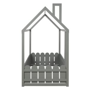 Kids House Beds, Twin Floor Bed with Fence Wood Cabin Bed Frame Can be Decorated for Kids, Teens, Girls, Boys, Gray