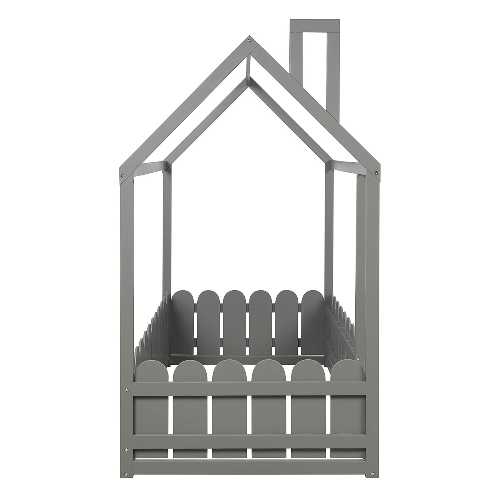 Kids House Beds, Twin Floor Bed with Fence Wood Cabin Bed Frame Can be Decorated for Kids, Teens, Girls, Boys, Gray