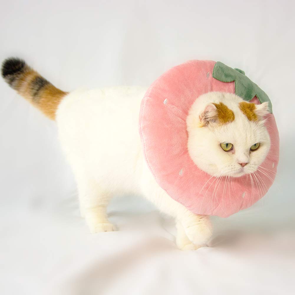 Adjustable Cat Recovery Collar Soft,Cute Pet E-Collar Neck Cone After Surgery Wound Healing Protective Cone Fit for Kitties, Small Dogs(ELC05-strawberry-m)