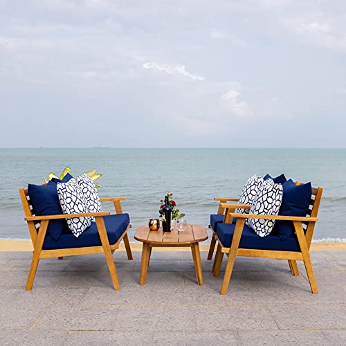 SAFAVIEH Outdoor Collection Deacon Acacia Wood Cushion 4-Piece Conversation Patio Set with Accent Pillows PAT7050E, Navy/Natural