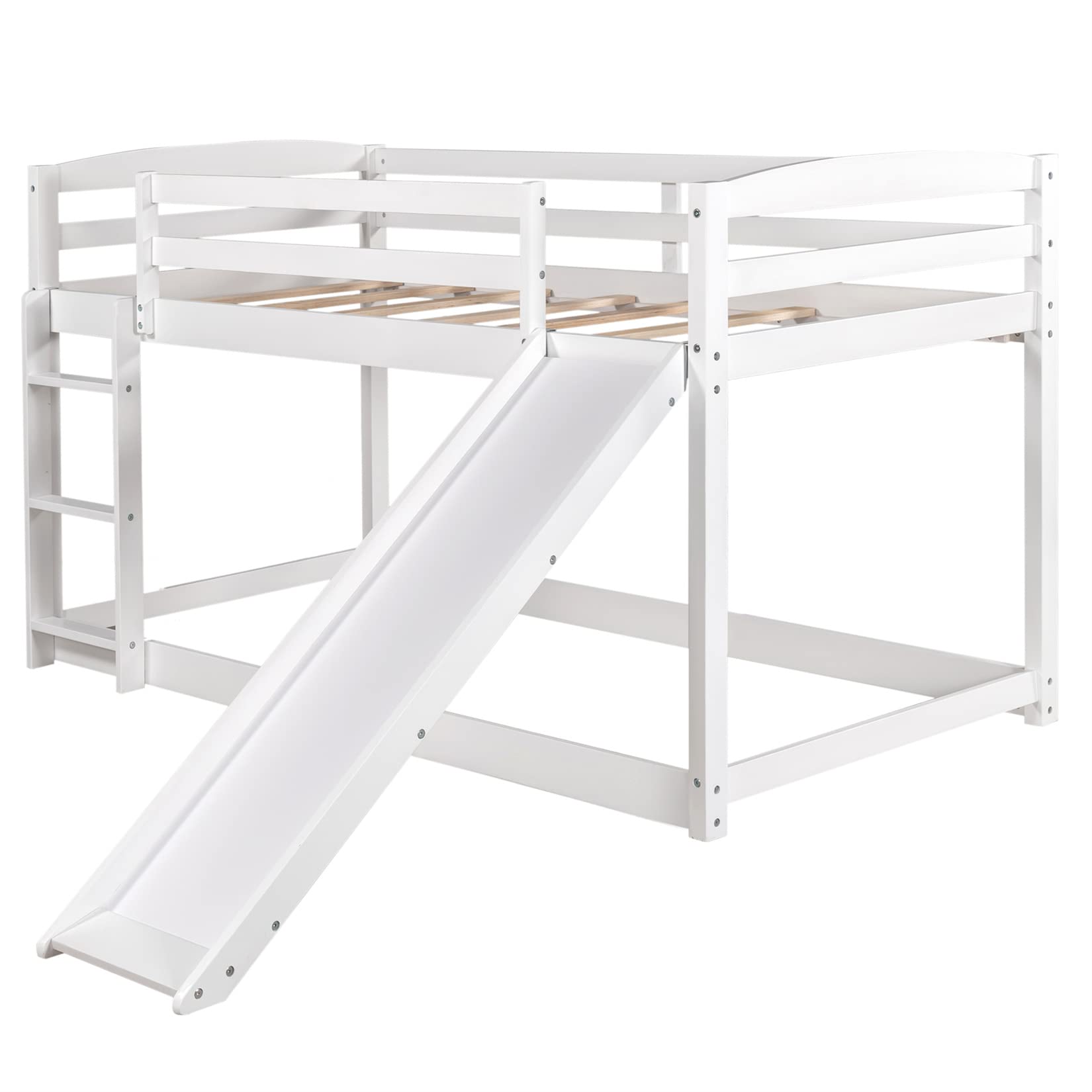 Low Bunk Beds Twin Over Twin Bunk Bed with Slide Wood Bed Frame for 2 Kids Toddlers Boys Girls Teens, White