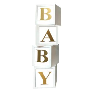 baby shower boxes party decorations - 4pcs stereoscopic white baby balloon boxes with gold baby+a-z letters,baby party boxes baby blocks for teddy bear baby shower,boy girl 1st birthday party backdrop