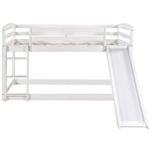 Low Bunk Beds Twin Over Twin Bunk Bed with Slide Wood Bed Frame for 2 Kids Toddlers Boys Girls Teens, White