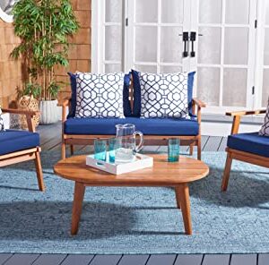 SAFAVIEH Outdoor Collection Deacon Acacia Wood Cushion 4-Piece Conversation Patio Set with Accent Pillows PAT7050E, Navy/Natural