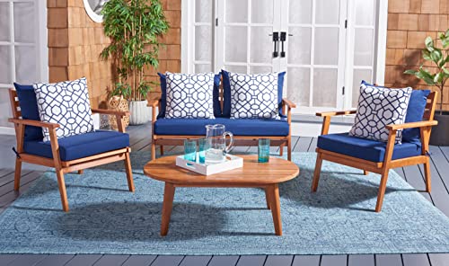 SAFAVIEH Outdoor Collection Deacon Acacia Wood Cushion 4-Piece Conversation Patio Set with Accent Pillows PAT7050E, Navy/Natural