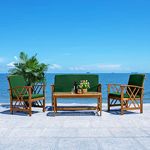 SAFAVIEH Outdoor Collection Fontana Natural/ Green Cushions 4-Piece Conversation Patio Set