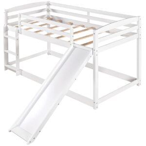 Low Bunk Beds Twin Over Twin Bunk Bed with Slide Wood Bed Frame for 2 Kids Toddlers Boys Girls Teens, White