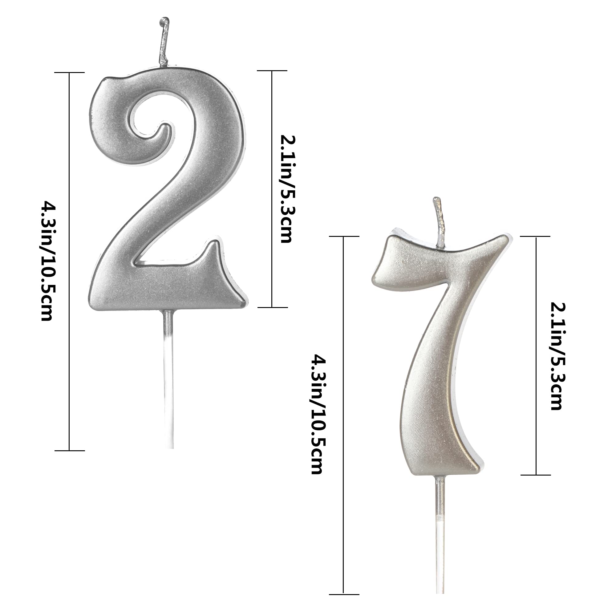 27th & 72nd Number Birthday Candles for Cake Topper, Number 72 27 Glitter Premium Candle Party Anniversary Celebration Decoration for Kids Women or Men, Silver