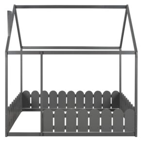 Harper & Bright Designs Full Size House Bed for Kids,Montessori Bed Full Size with Fence-Shaped Guardrails, Wood Toddler Full Floor Bed Frames for Girls, Boys(Full,Grey)