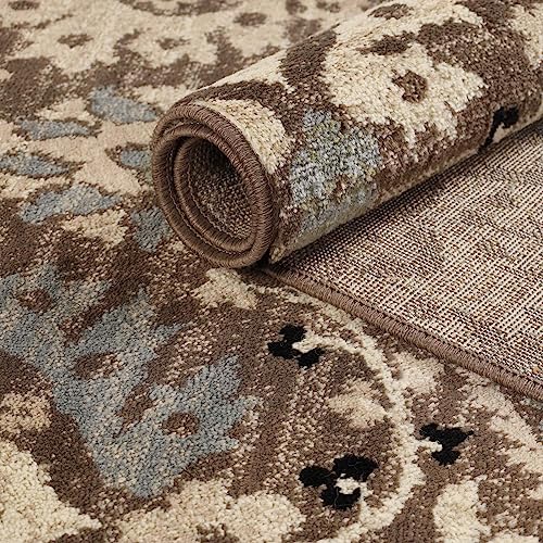 BLUENILEMILLS Blue Nile Mills: Modern Oriental Floral Damask Area Rug with Jute Backing, Light Blue, 7' x 9'