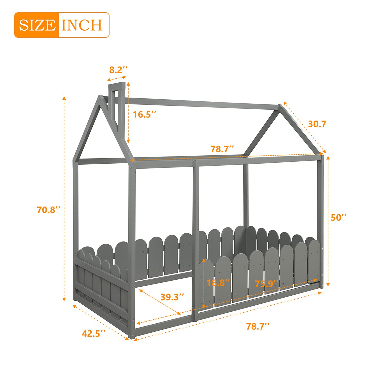 Kids House Beds, Twin Floor Bed with Fence Wood Cabin Bed Frame Can be Decorated for Kids, Teens, Girls, Boys, Gray