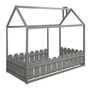 Kids House Beds, Twin Floor Bed with Fence Wood Cabin Bed Frame Can be Decorated for Kids, Teens, Girls, Boys, Gray