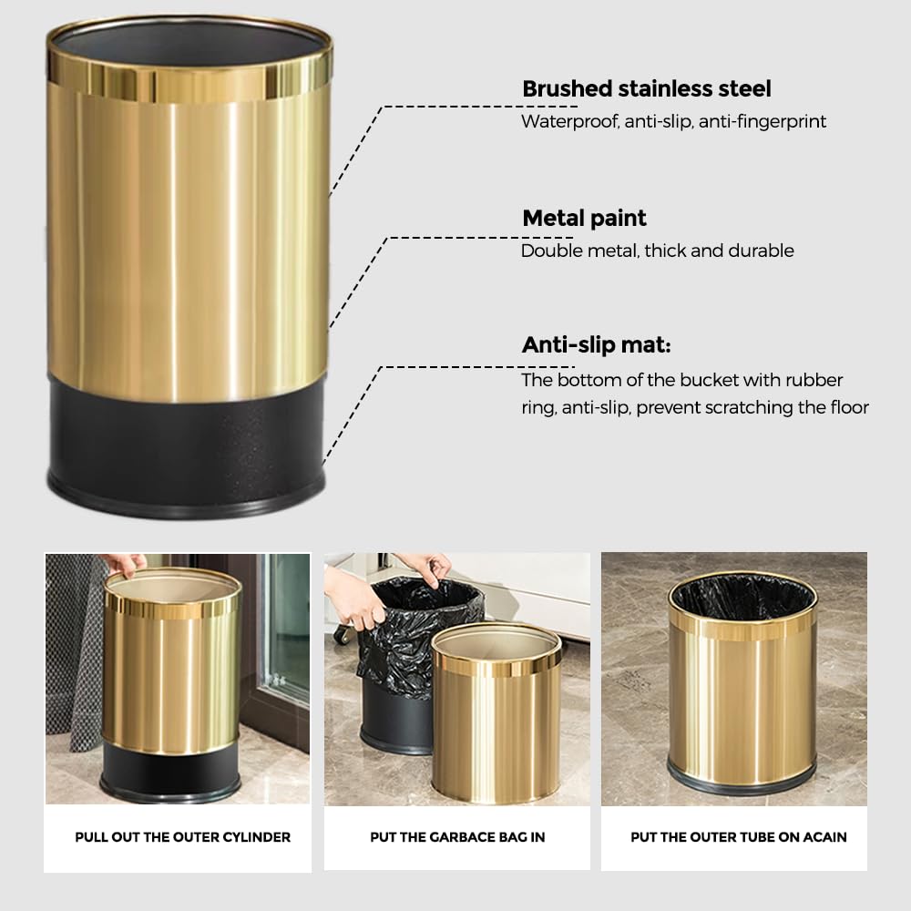 LEASYLIFE 2.6Gallon/10L，Brass Gold Bathroom Trash Can，Gold Bathroom Waste Baskets，Golden Small Garbage Can,Gold Waste Basket for Bedroom,Office，Store，Metal Trash bin Without lid (Gold)