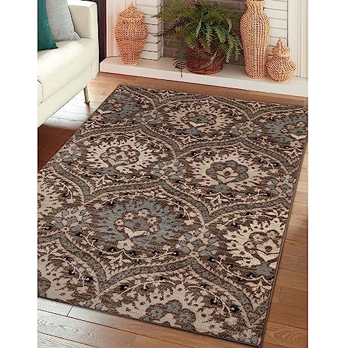 BLUENILEMILLS Blue Nile Mills: Modern Oriental Floral Damask Area Rug with Jute Backing, Light Blue, 7' x 9'