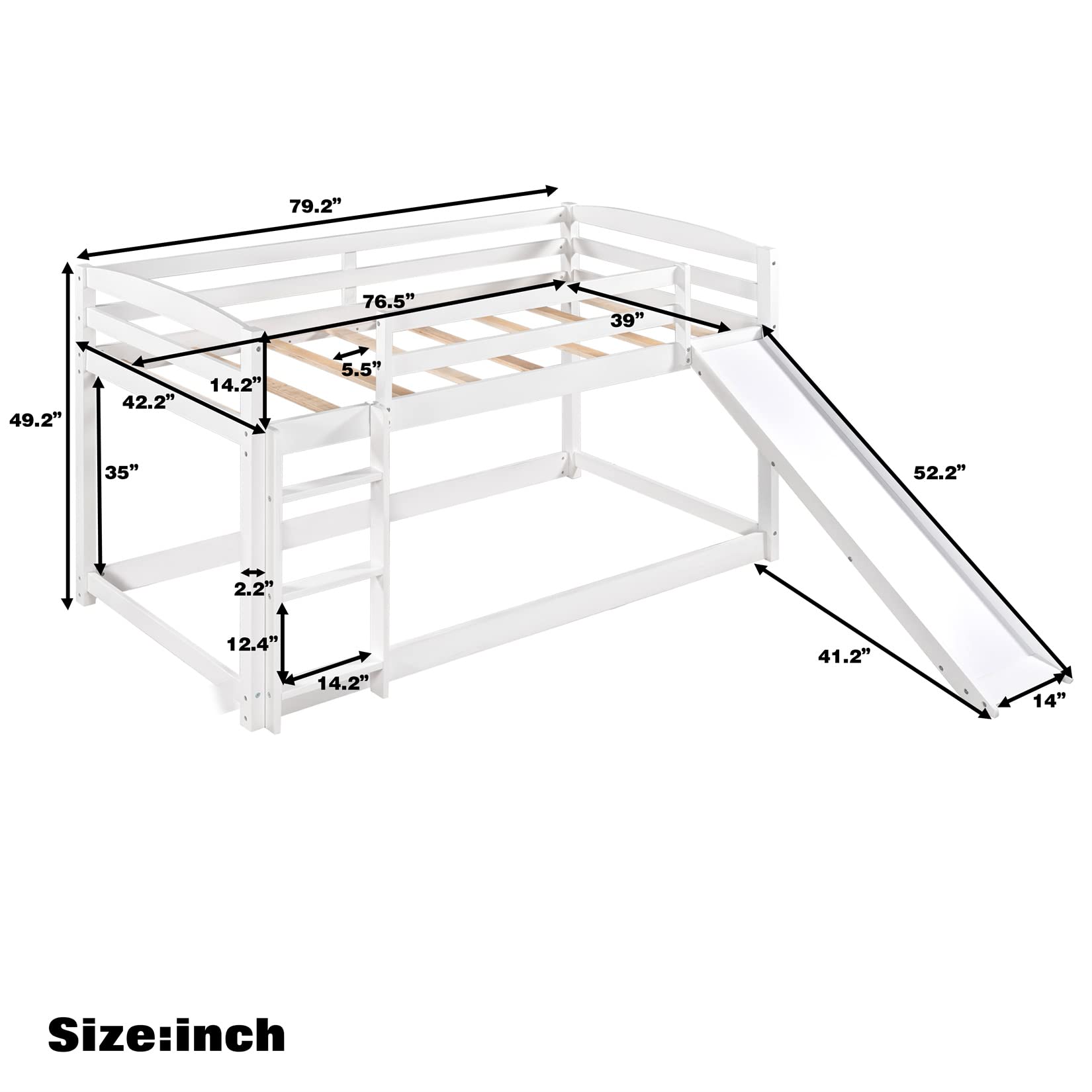 Low Bunk Beds Twin Over Twin Bunk Bed with Slide Wood Bed Frame for 2 Kids Toddlers Boys Girls Teens, White