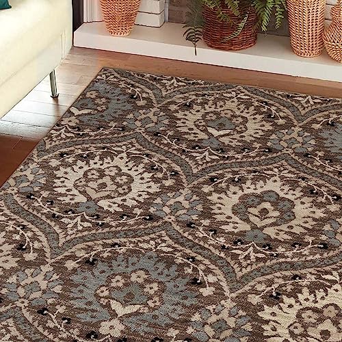 BLUENILEMILLS Blue Nile Mills: Modern Oriental Floral Damask Area Rug with Jute Backing, Light Blue, 7' x 9'