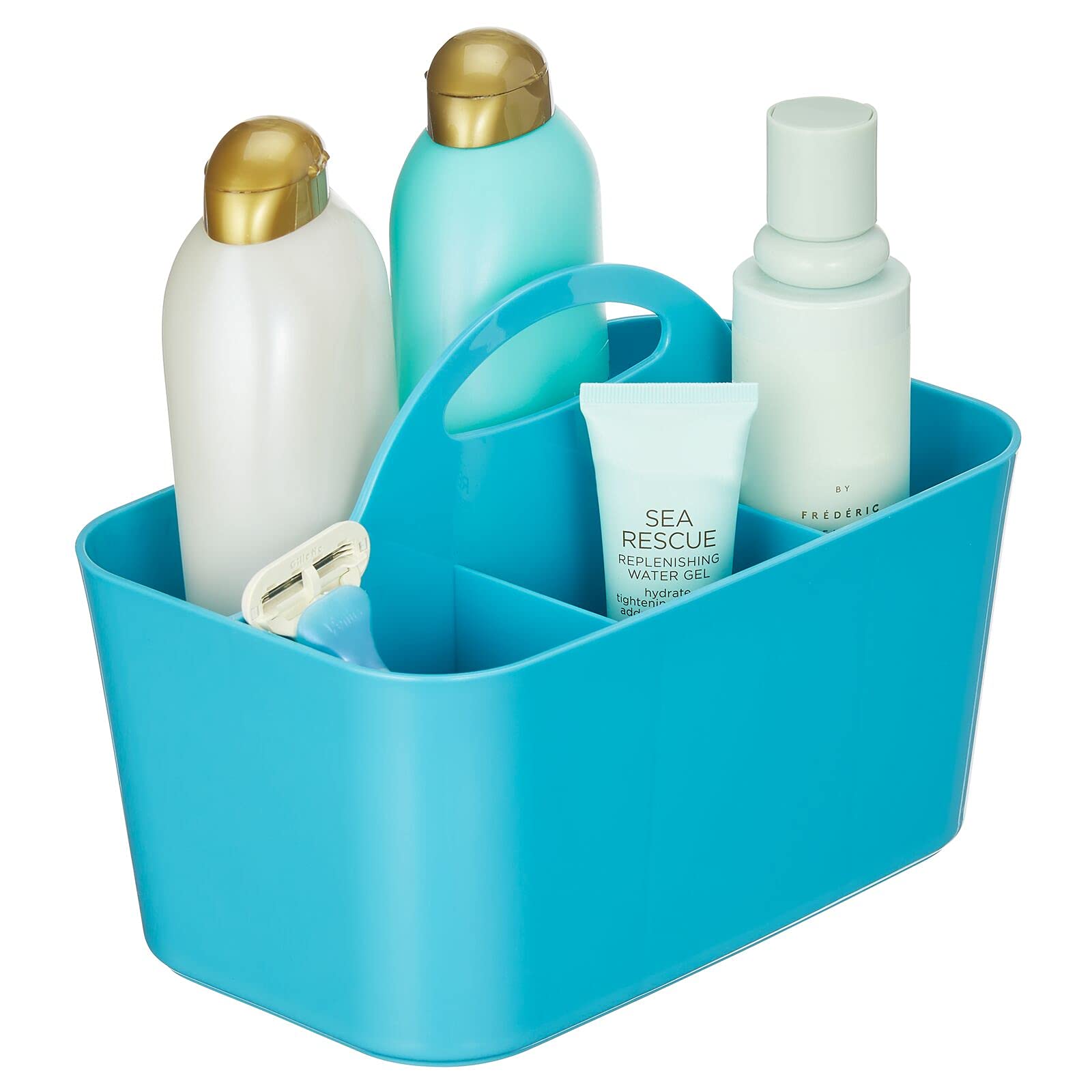 mDesign Small Plastic Shower/Bath Storage Organizer Caddy Tote with Handle for Dorm, Shelf, Cabinet - Hold Soap, Shampoo, Conditioner, Combs, Brushes, Lumiere Collection, Ocean Blue