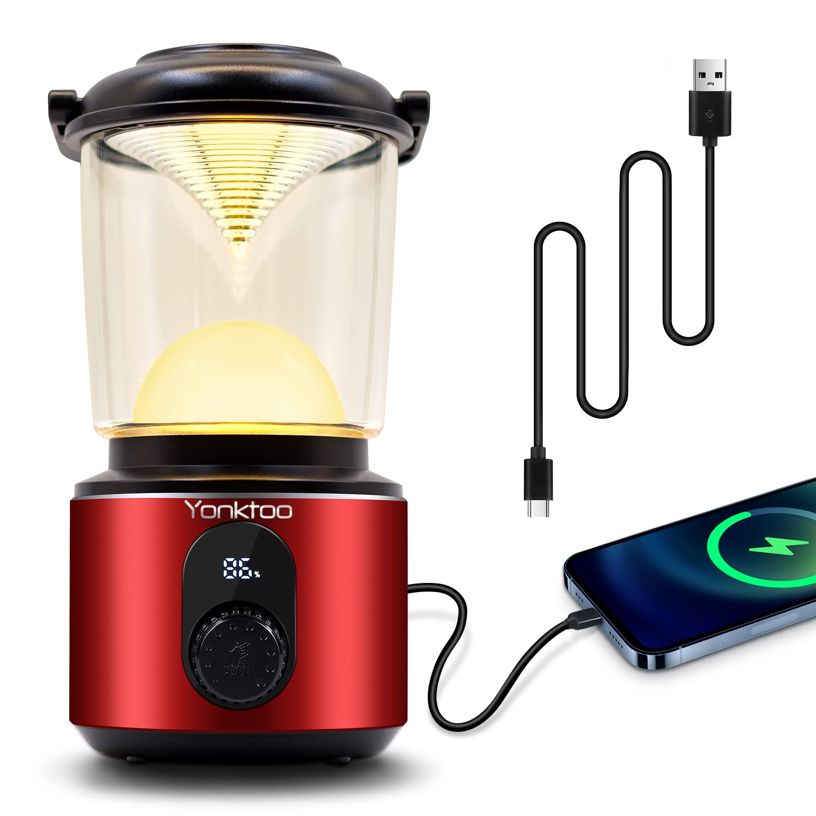 Yonktoo LED Rechargeable Camping Lantern, 10400 mAh Rechargeable Aluminum Camping Light & Flashlight , 5 Light Modes, IPX5 Waterproof, Hurricane Emergency light, Hiking, Home, USB Cable Included (Red)