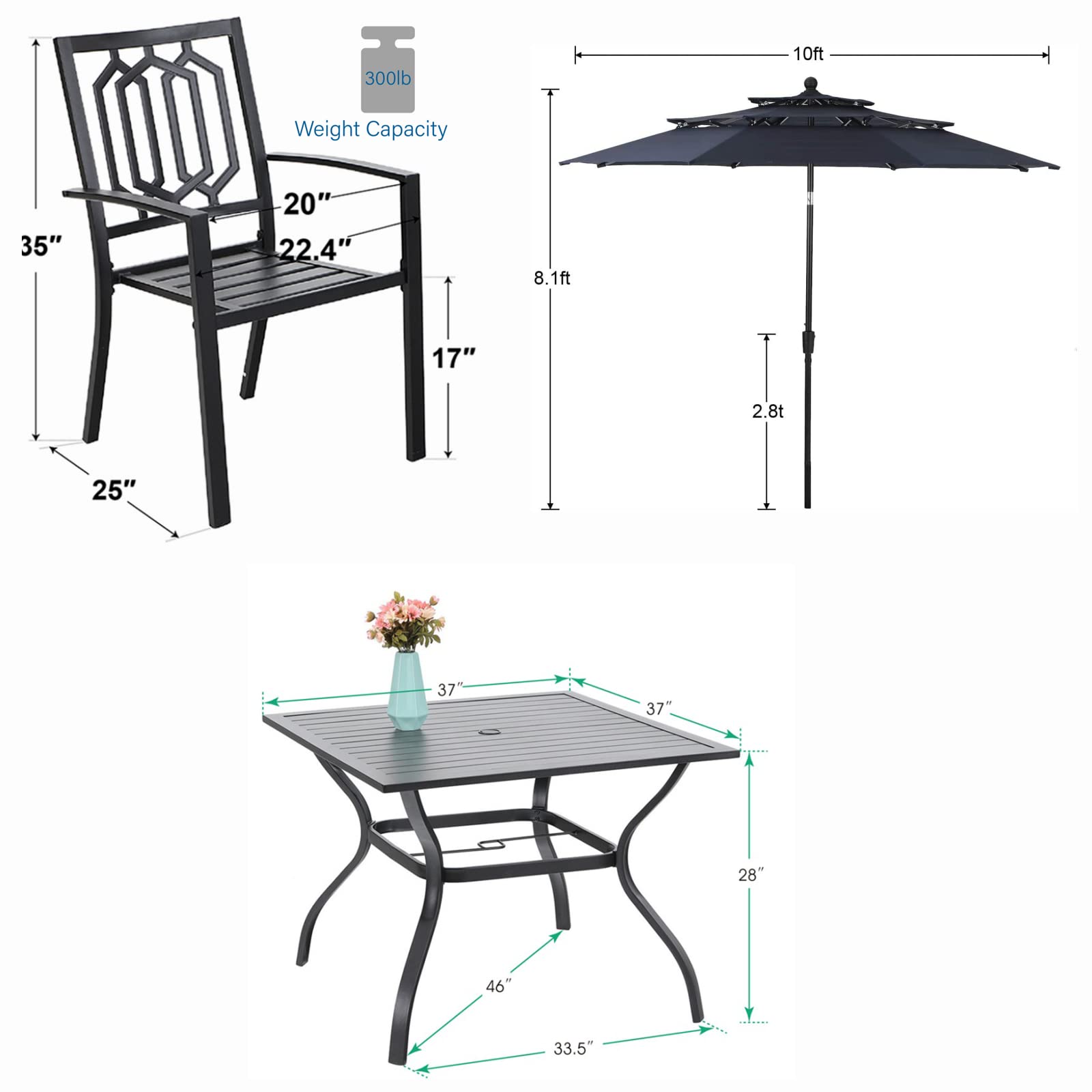 MFSTUDIO Patio Dining Set for 4, Patio Furniture Set with Umbrella(Navy Blue), 4 Stackable Chairs, 1 Metal Square Table and 1 10ft Umbrella(Base Not Included)