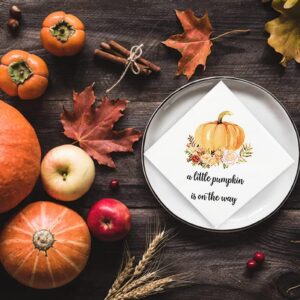 A Little Pumpkin is On The Way Napkins, He or She Pumpkin Napkins, A Little Pumpkin is On The Way Baby Shower, Boy Girl Little Pumpkin Baby Shower Gender Reveal Party Decorations (5 x 5 In, 50-Pack)