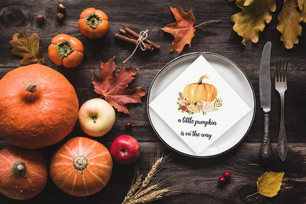 A Little Pumpkin is On The Way Napkins, He or She Pumpkin Napkins, A Little Pumpkin is On The Way Baby Shower, Boy Girl Little Pumpkin Baby Shower Gender Reveal Party Decorations (5 x 5 In, 50-Pack)