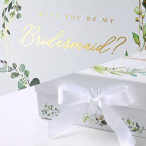 BRIGEL Bridesmaid Proposal Box, Will You Be My Maid of Honor Proposal Box for Maid of Honor Gifts, Leaf-Patterned White Box with Gold-Foiled Text, Magnetic Closure, and a White Ribbon