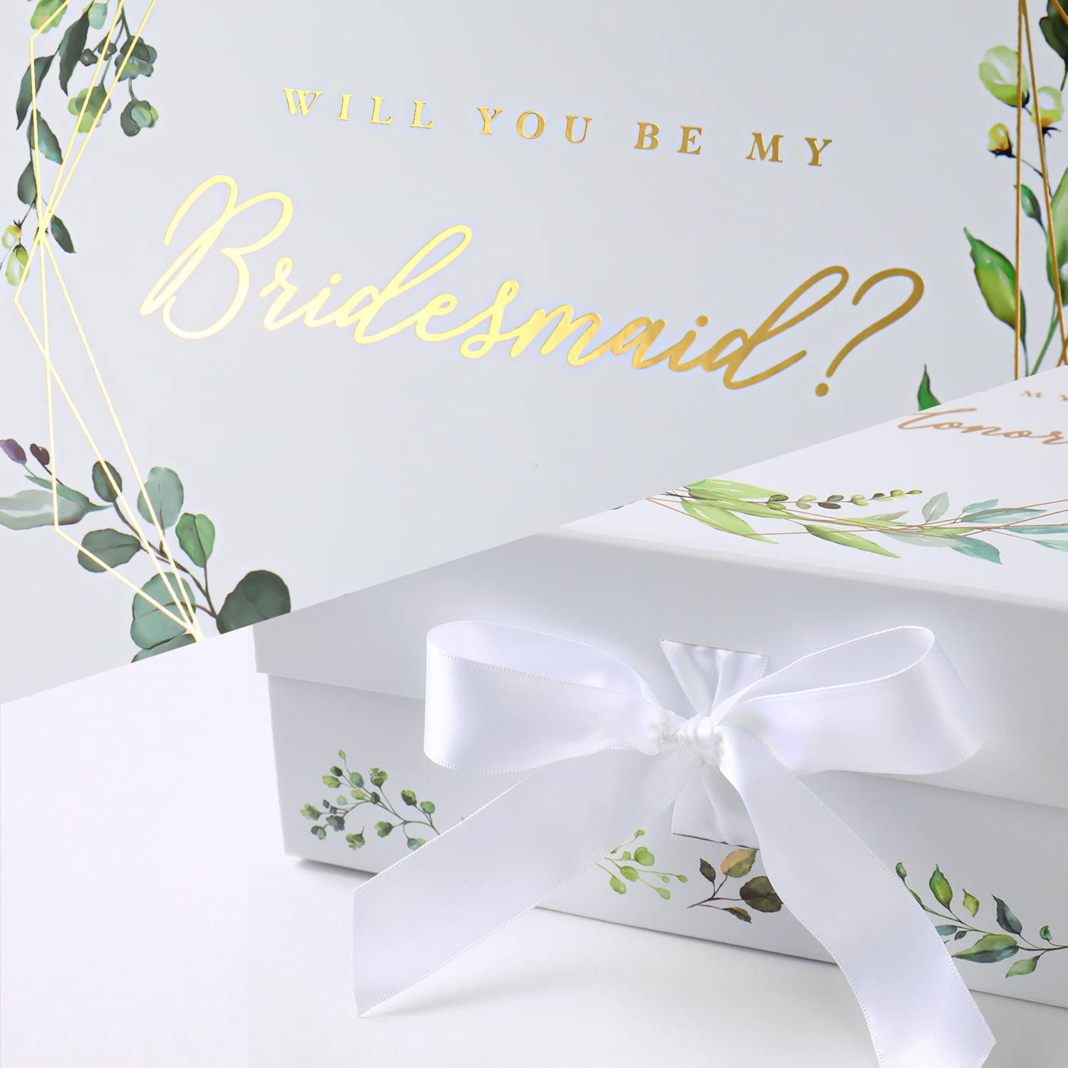 BRIGEL Bridesmaid Proposal Box, Will You Be My Maid of Honor Proposal Box for Maid of Honor Gifts, Leaf-Patterned White Box with Gold-Foiled Text, Magnetic Closure, and a White Ribbon