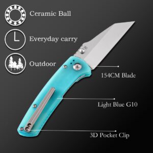 Kansept Folding Knife Main Street 7.92in Folding Pocket Knives with 3.36in Stonewashed 154CM Wharncliffe Blade and Blue G10 Handle for Outdoor, Tactical, Survival, Dirk Pinkerton Deisgn Camping Hunting T1015B4