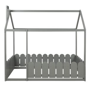 Kids House Beds, Twin Floor Bed with Fence Wood Cabin Bed Frame Can be Decorated for Kids, Teens, Girls, Boys, Gray